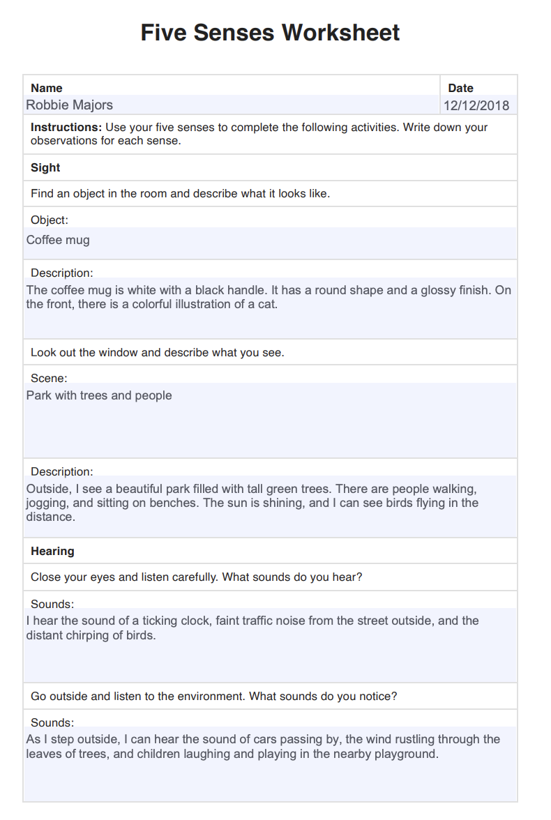 Five Senses Worksheet & Example | Free PDF Download
